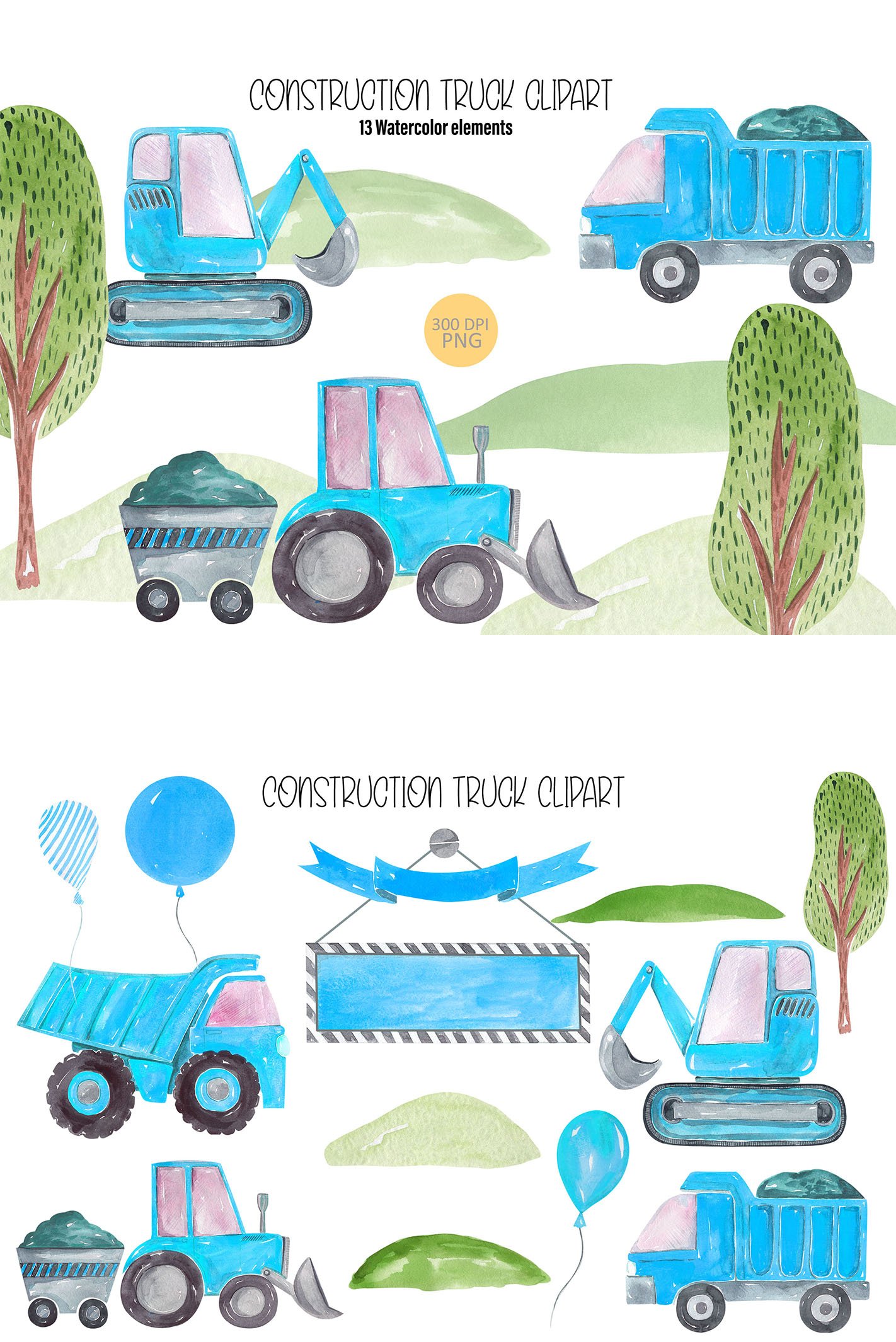 Watercolor Construction trucks clipart