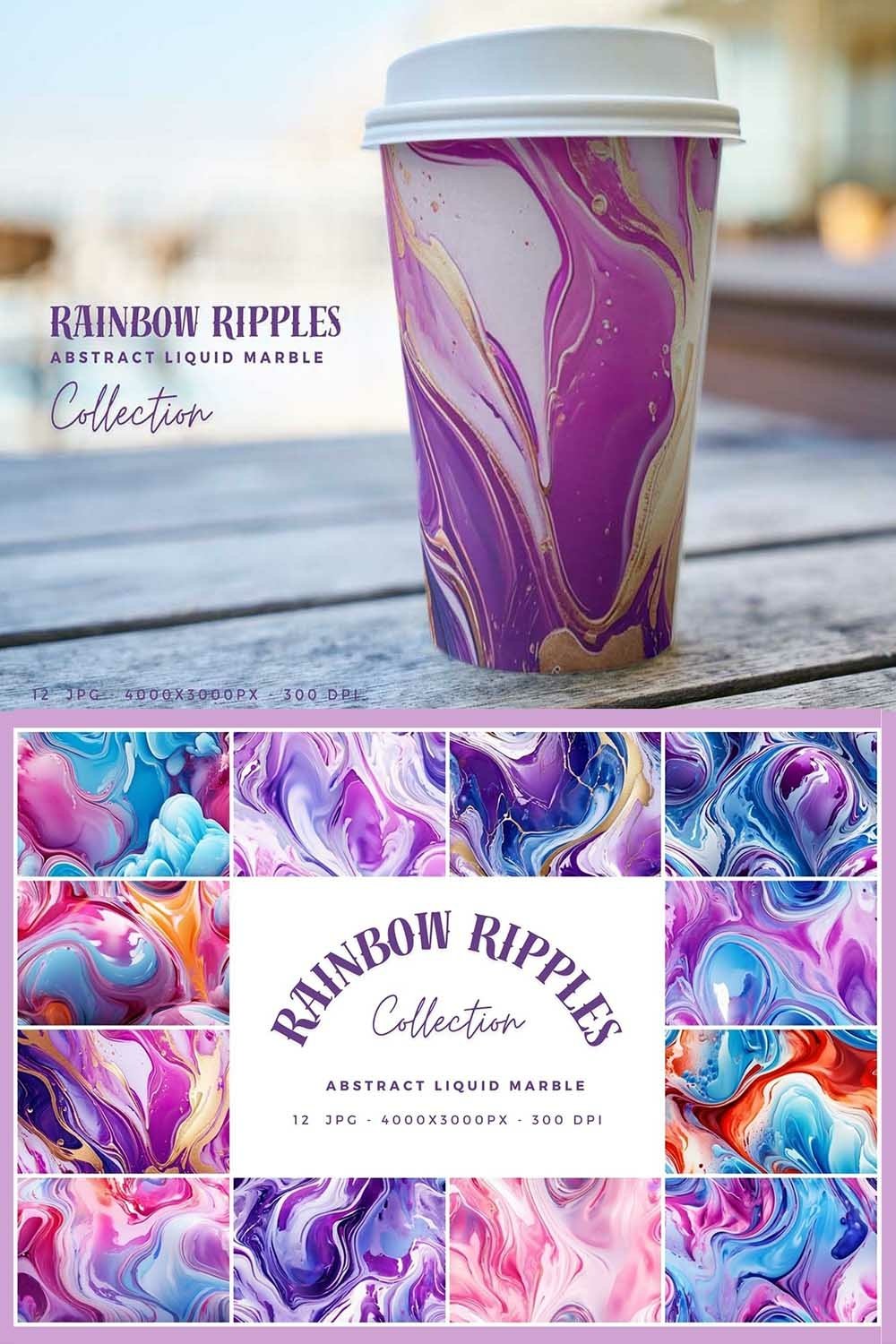 Rainbow Ripples Collection, 12 Abstract Liquid Marbles