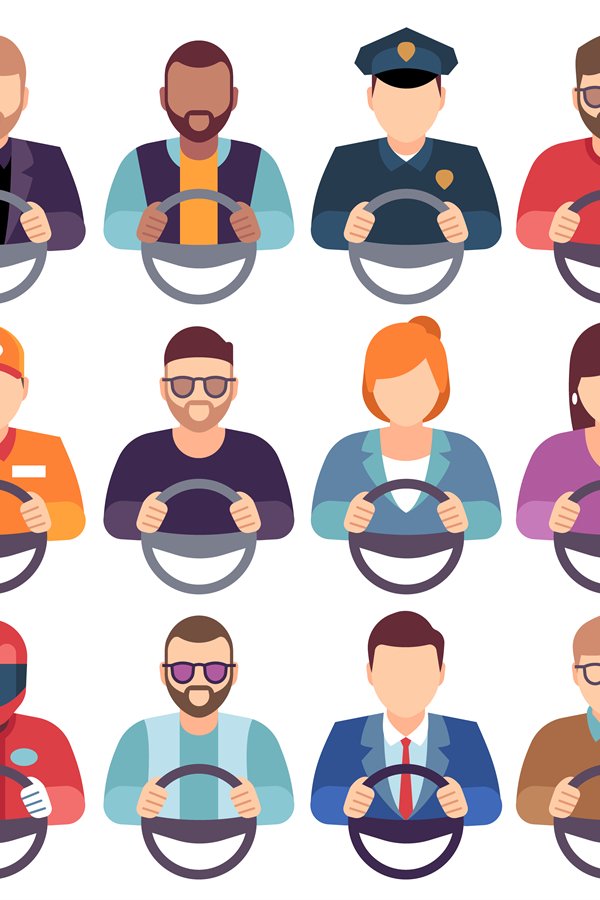 Drivers set. Car person man woman driver hands work steering