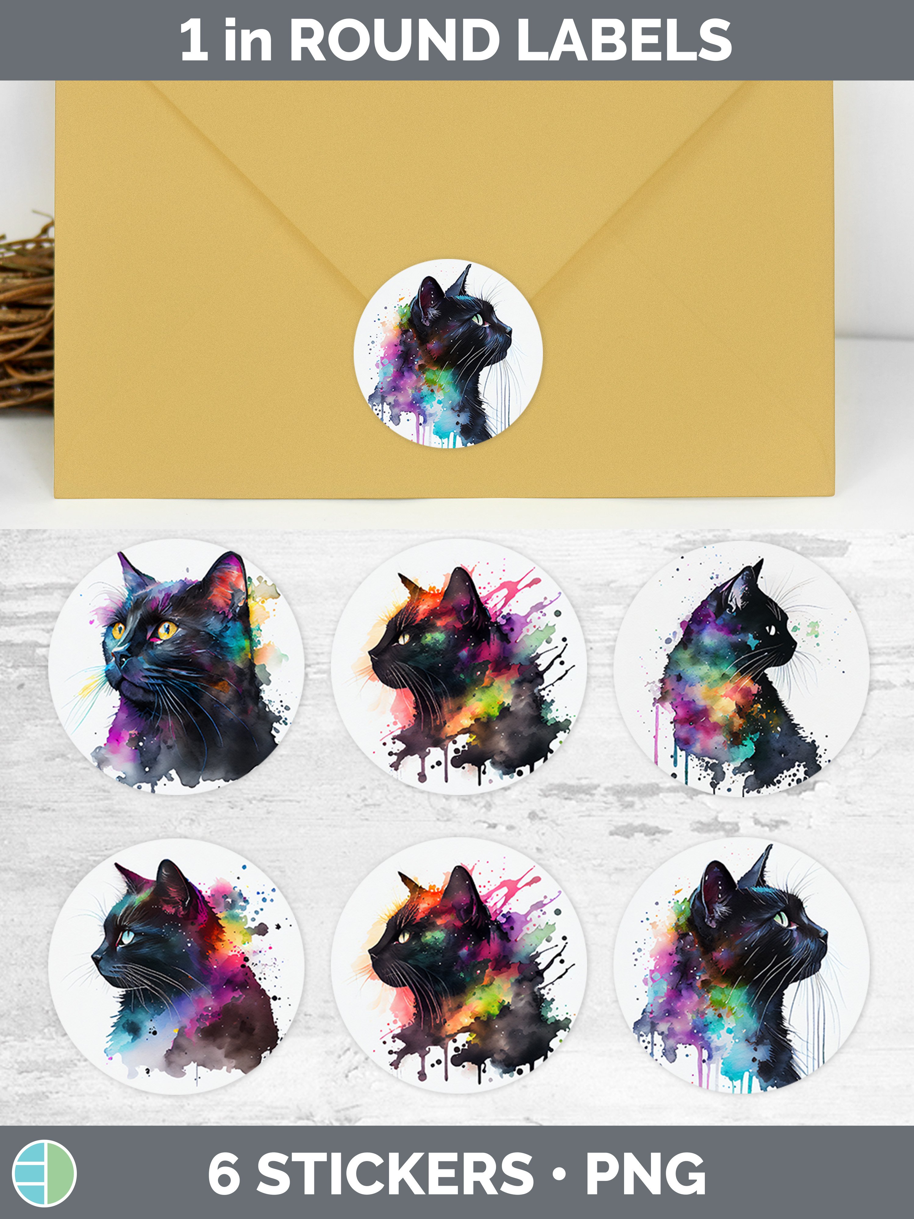 Rainbow Black Cat Stickers | Round Labels Designs Bundle