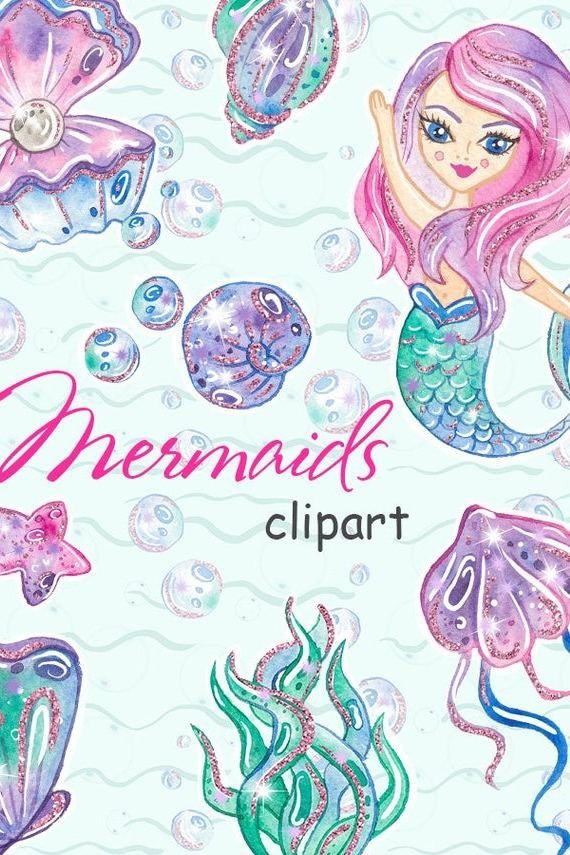 Mermaid CLIPART Watercolor Sea Underwater Illustration - PNG