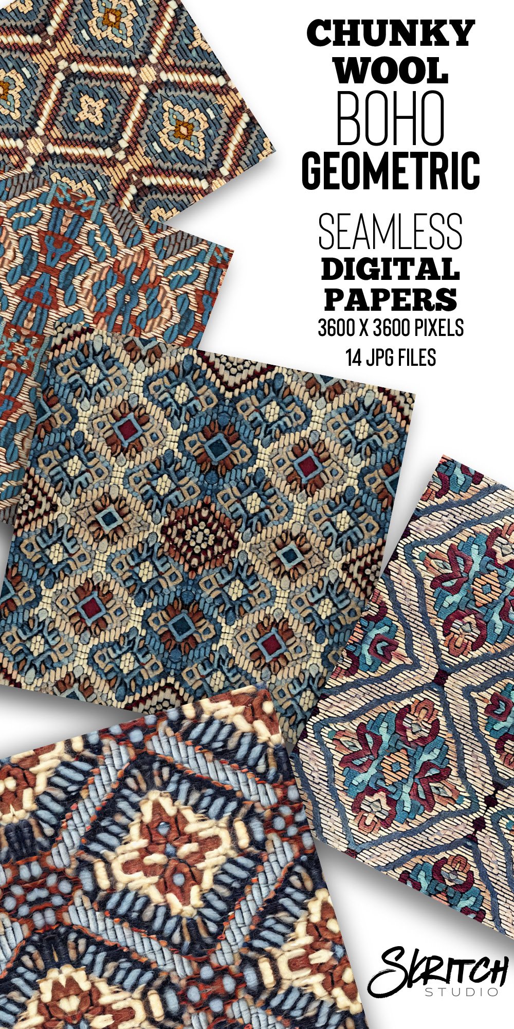 Chunky Wool Boho Geometric Seamless Patterns Digital Paper