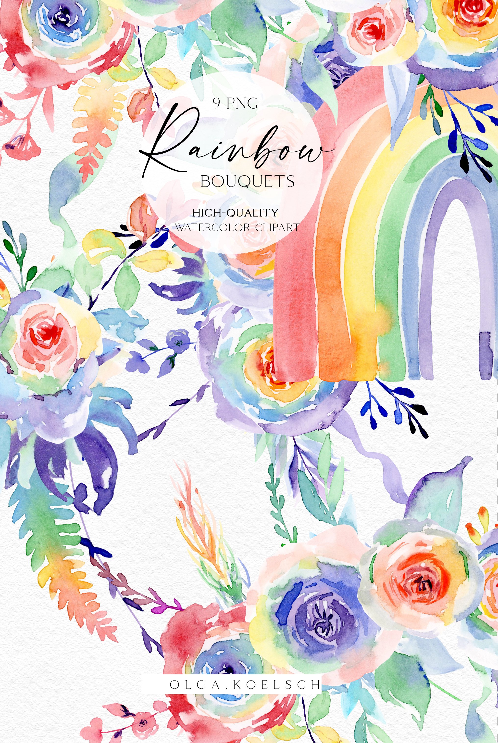 Boho rainbow flowers clipart, watercolor floral (1357587)