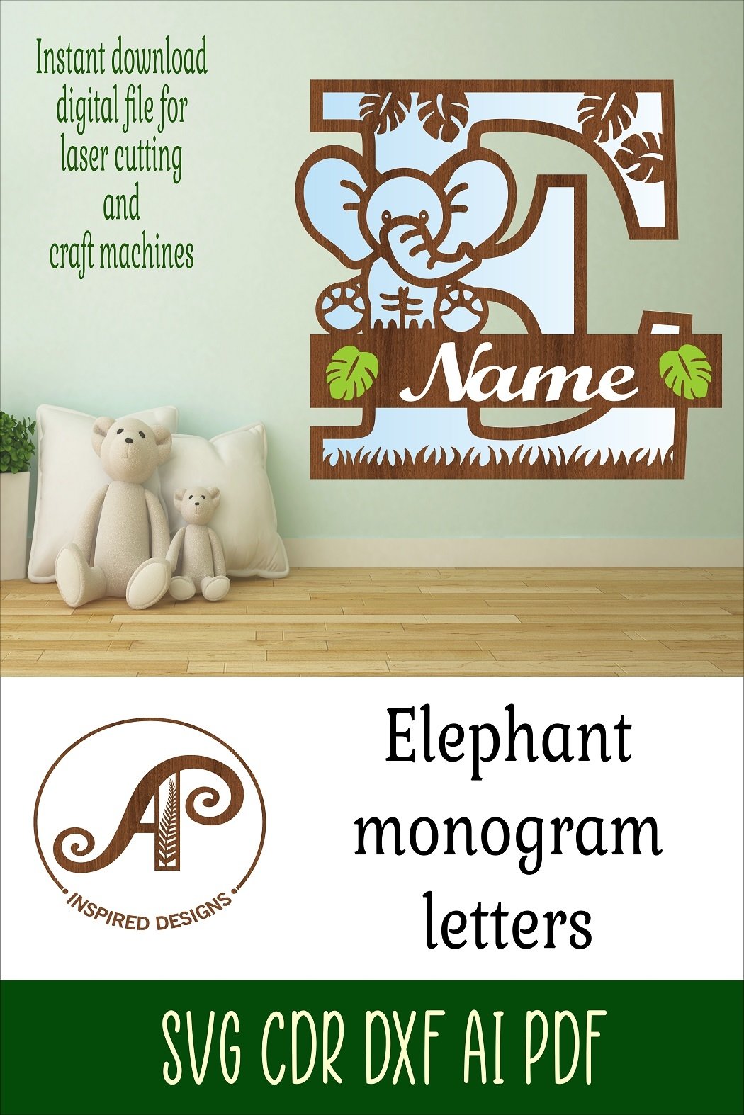Elephant monogram letter bundle Name signs SVG 3 layer