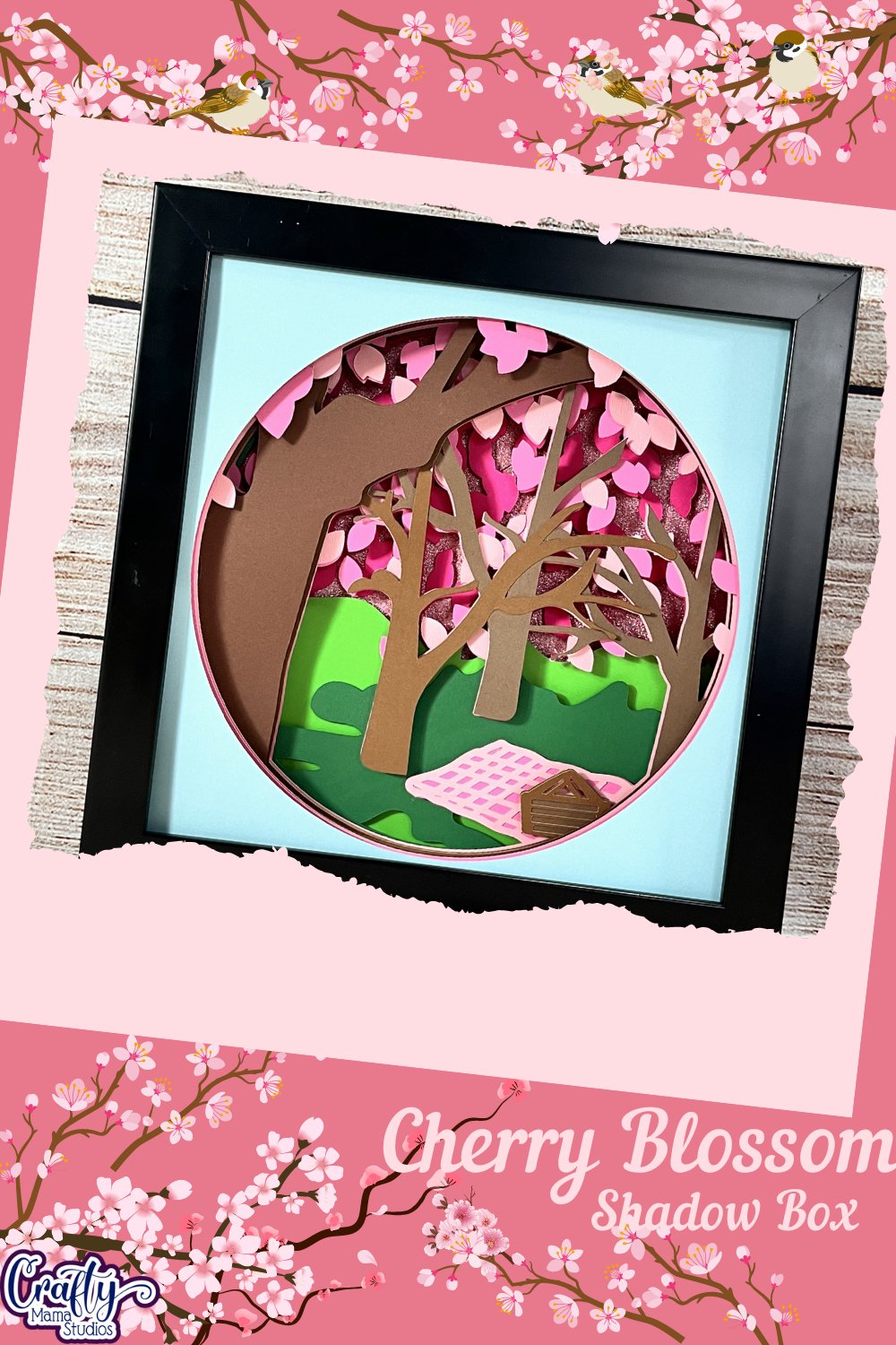 Spring Svg Shadow Box, 3D Layered Cherry Blossom Picnic File