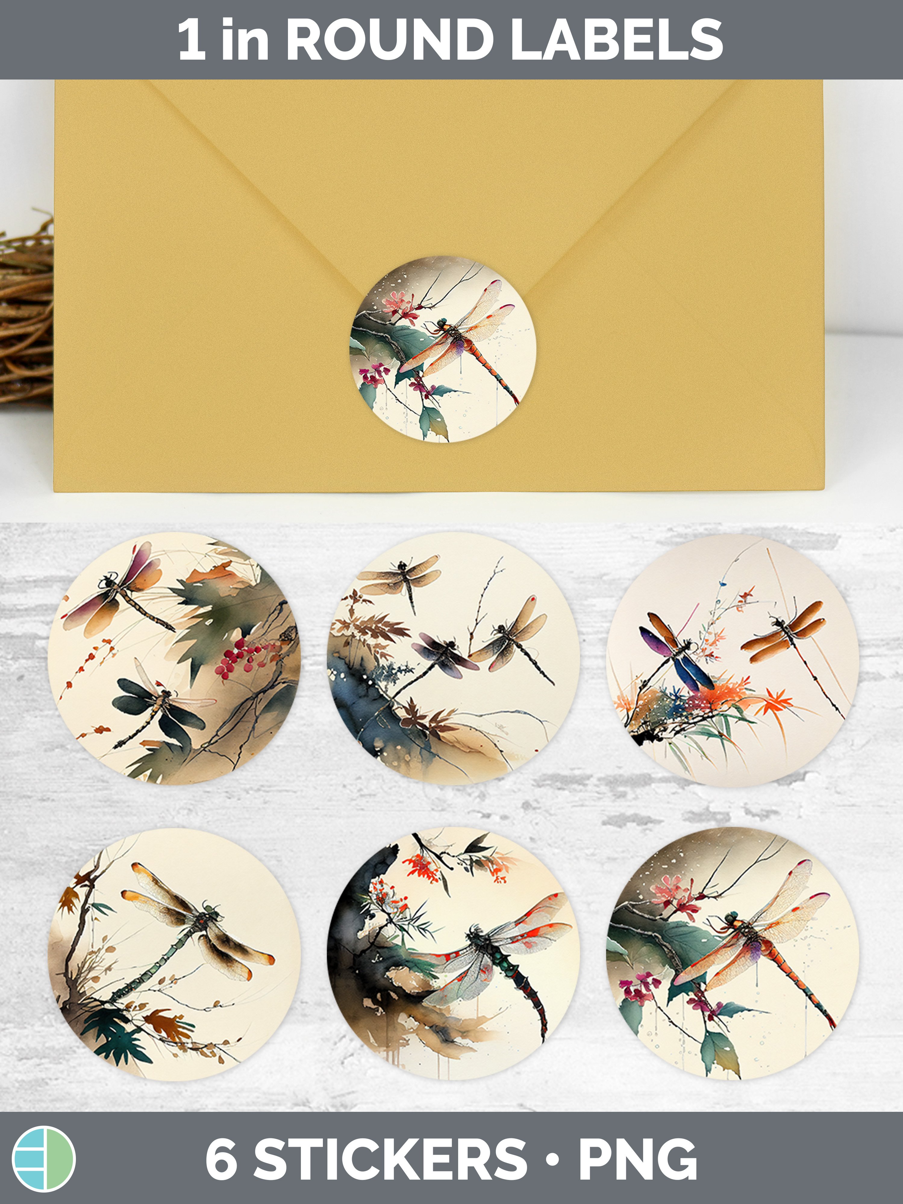 Japanese Watercolor Dragonflies Stickers | Round Labels Desi