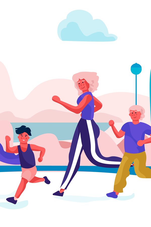 Cartoon family running in park. Parents and children doing e