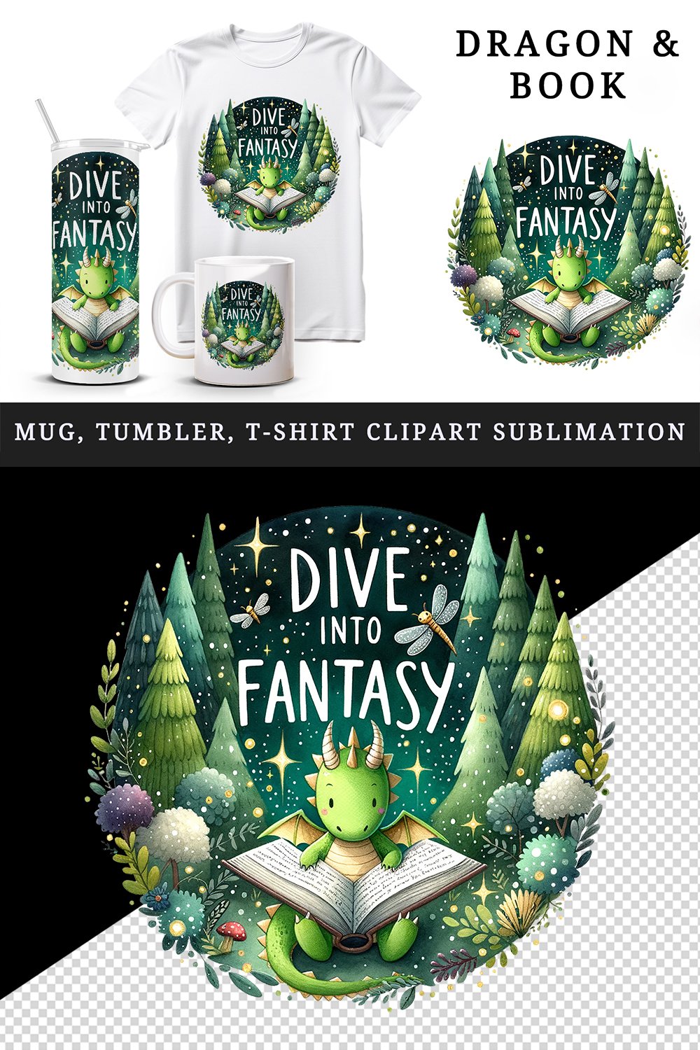 Dragon & book tumbler mug wrap, clipart sublimation design