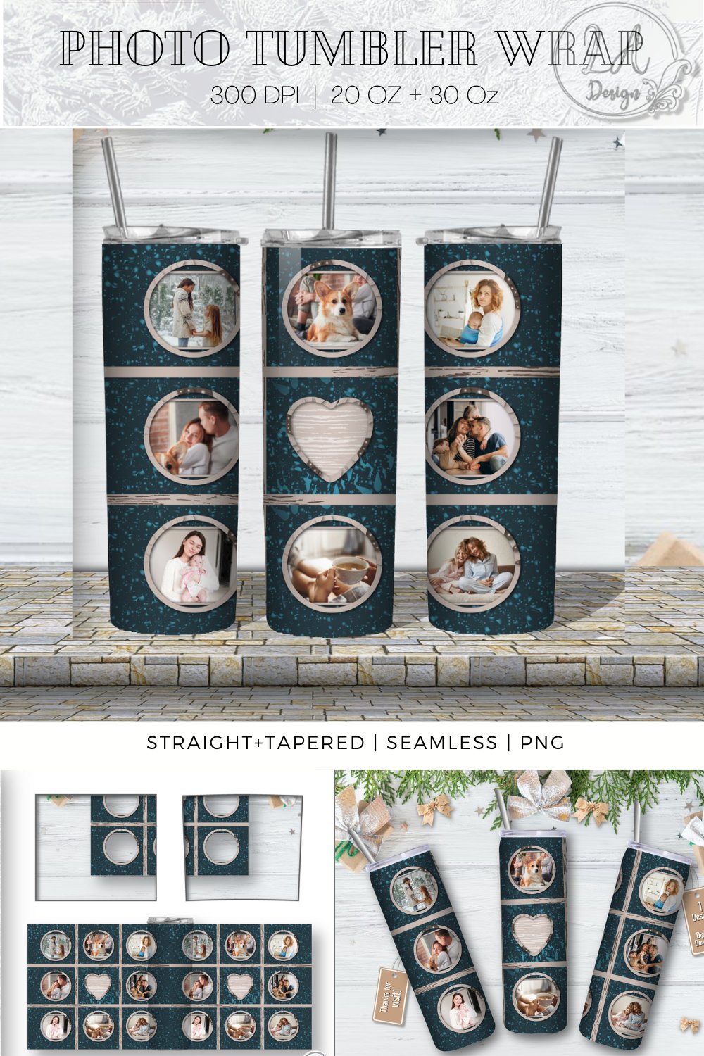 Wooden Heart Photo Tumbler Wrap Turquoise Sublimation Design