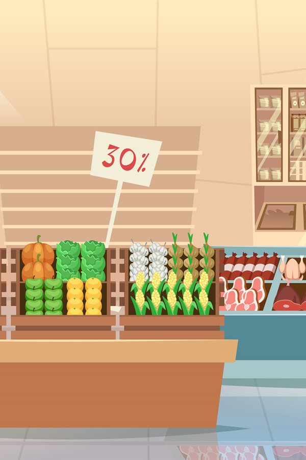 Supermarket cartoon. Products grocery store food market inte