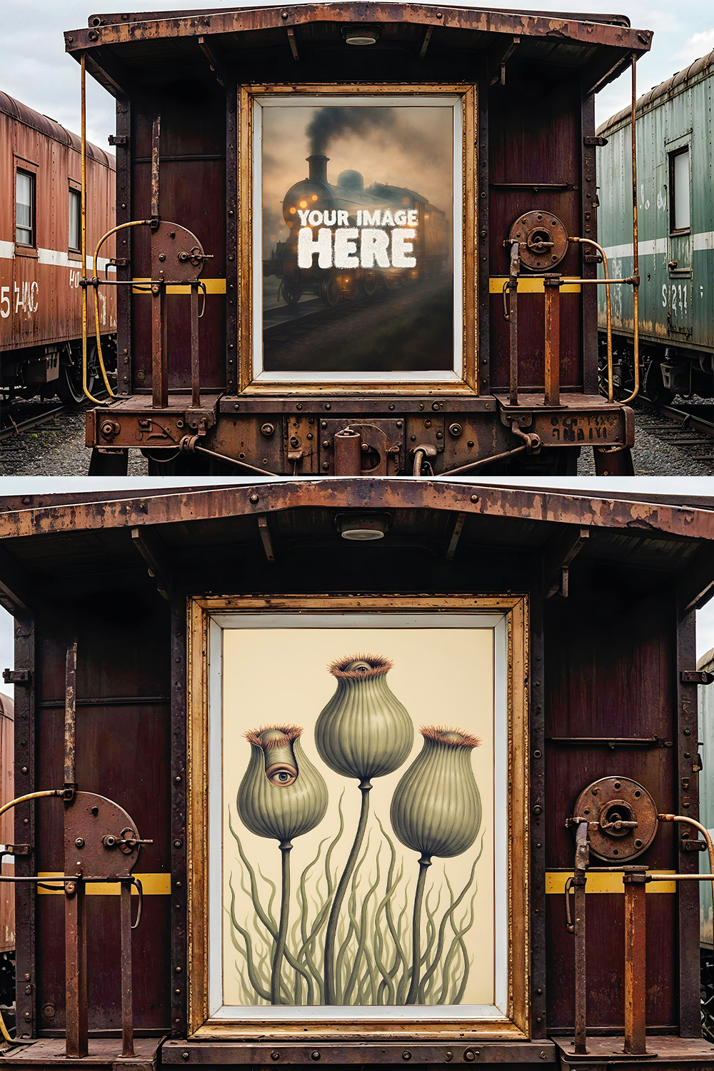 Frame Mockup On A Vintage Rusty Train Car, Poster
