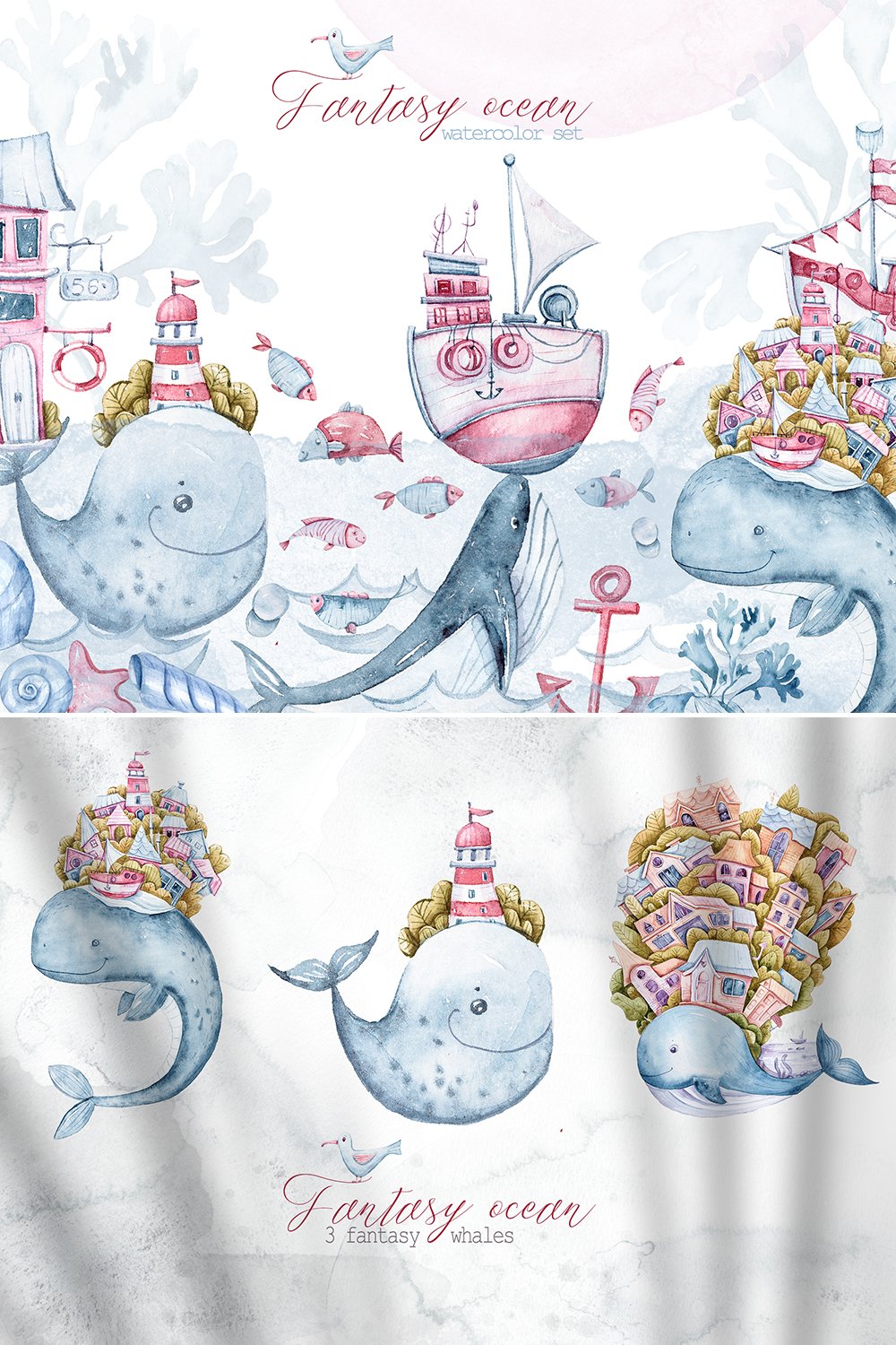 Watercolor nautical clipart - 39 whales, fish illustrations