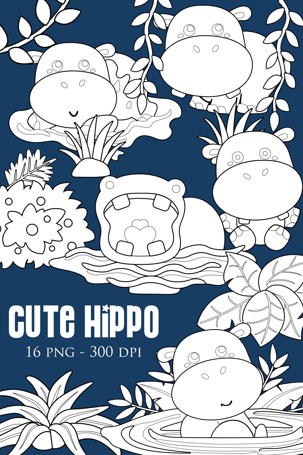 Cute Hippo Zoo River Animals Nature Outline Digital Stamp