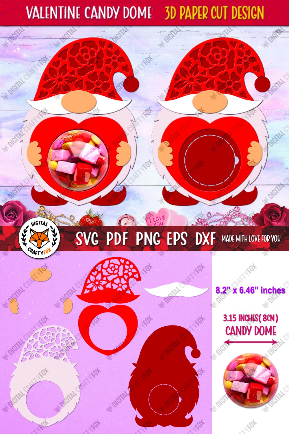 Gnome Heart Candy Dome SVG, Valentine Candy Dome Holder