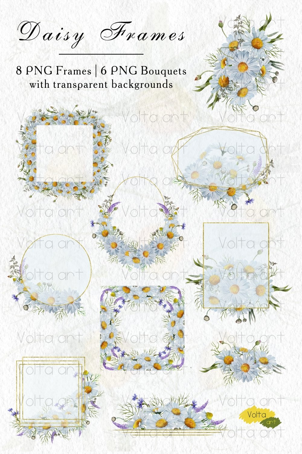 Watercolor Daisy Frames, Floral geometric frames, Wedding