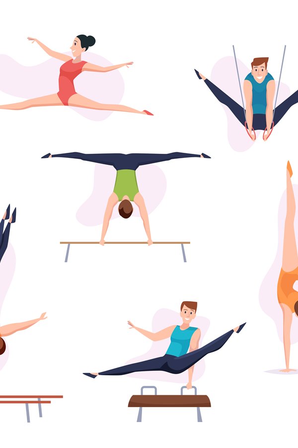 Acrobatic people. Gymnasts in action poses sport athletes ma