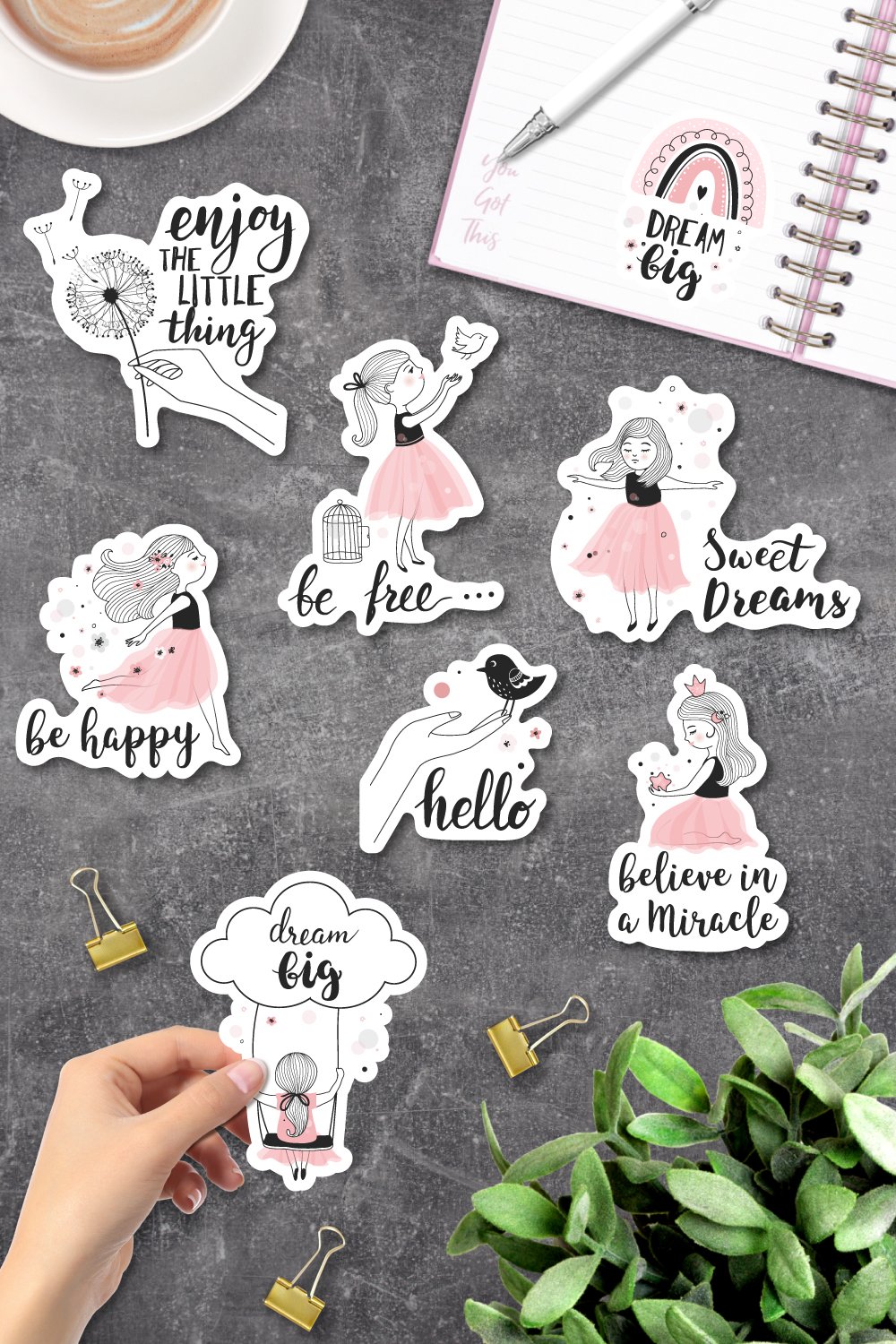 Dreaming girl stickers, Printable and digital set