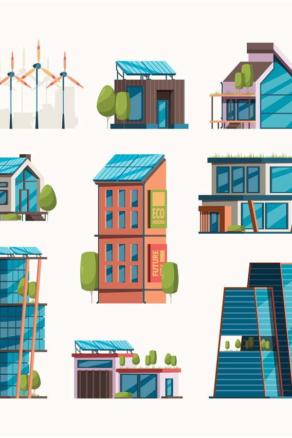 Eco friendly buildings. Smart city with future eco buildings