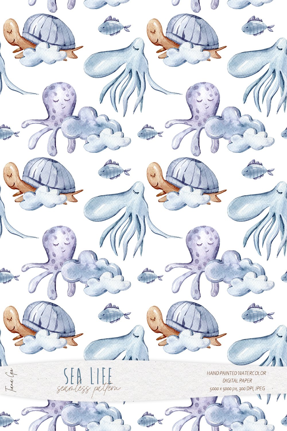 Watercolor ocean kids seamless patterns. Digital paper pack