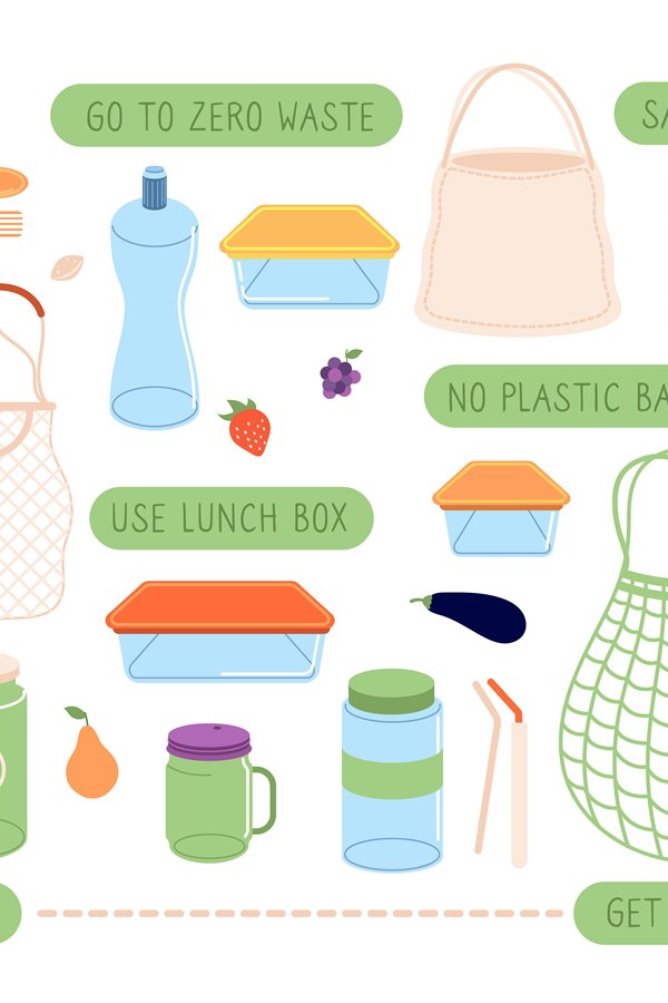 Zero waste. Eco lifestyle stickers, reusable bags and pack.