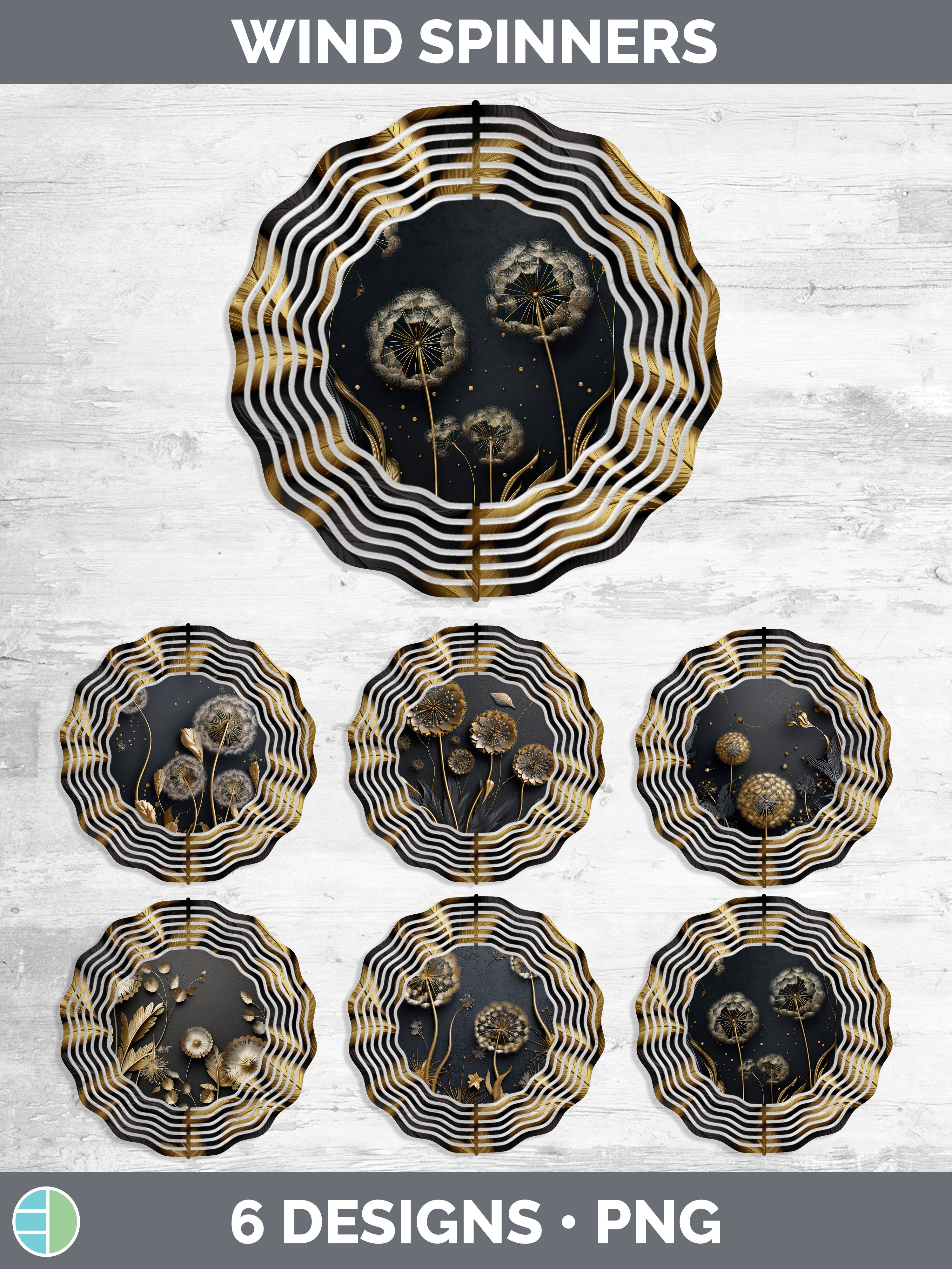 3D Black and Gold Dandelion Flowers Wind Spinner | Sublimati