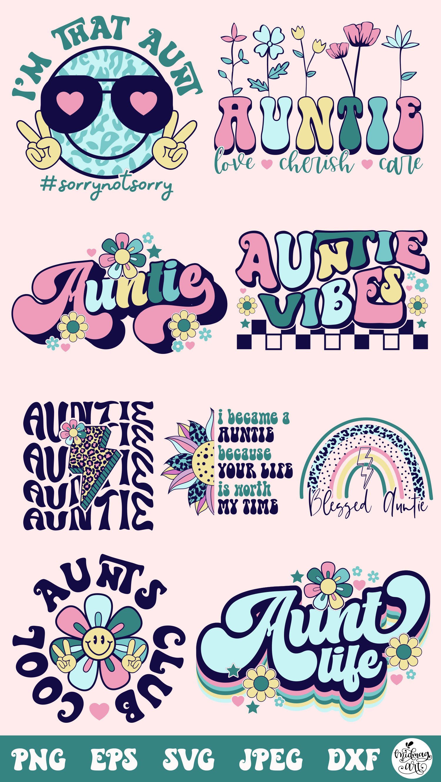 Retro Auntie SVG PNG Bundle auntie vibes life Cool Aunts