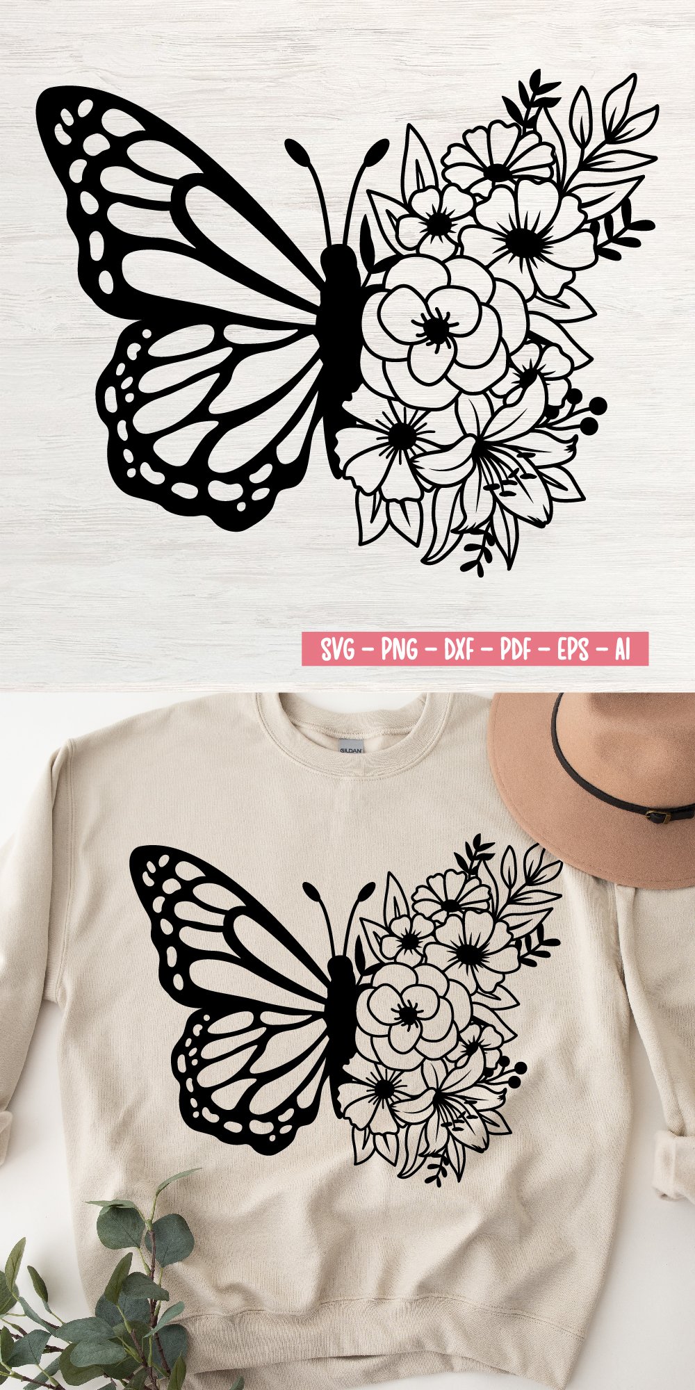 Butterfly With Flowers Svg Files, Half Butterfly Svg