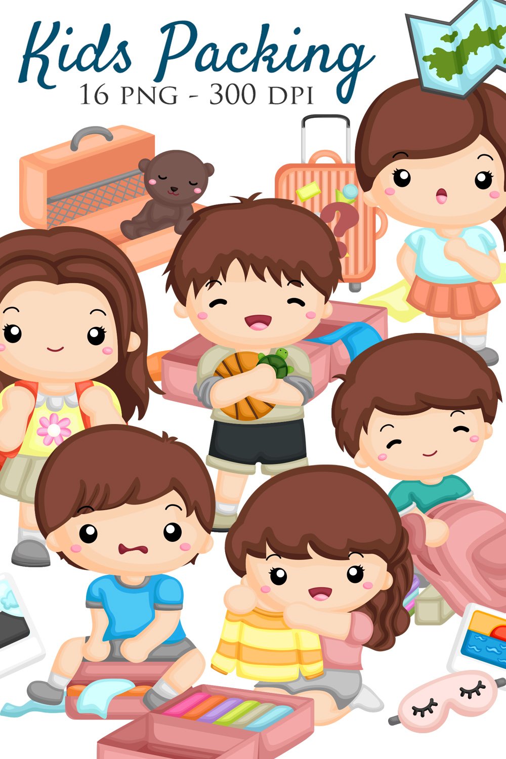Happy Kids Packing for Holiday Trip Cartoon Clipart Sticker