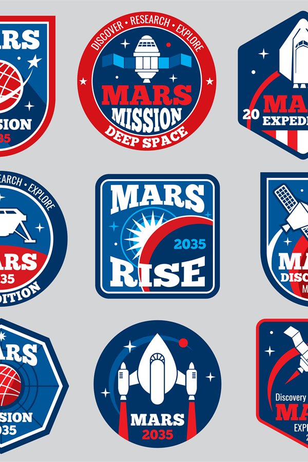 Mars mission vector space emblems. Astronaut travel badges