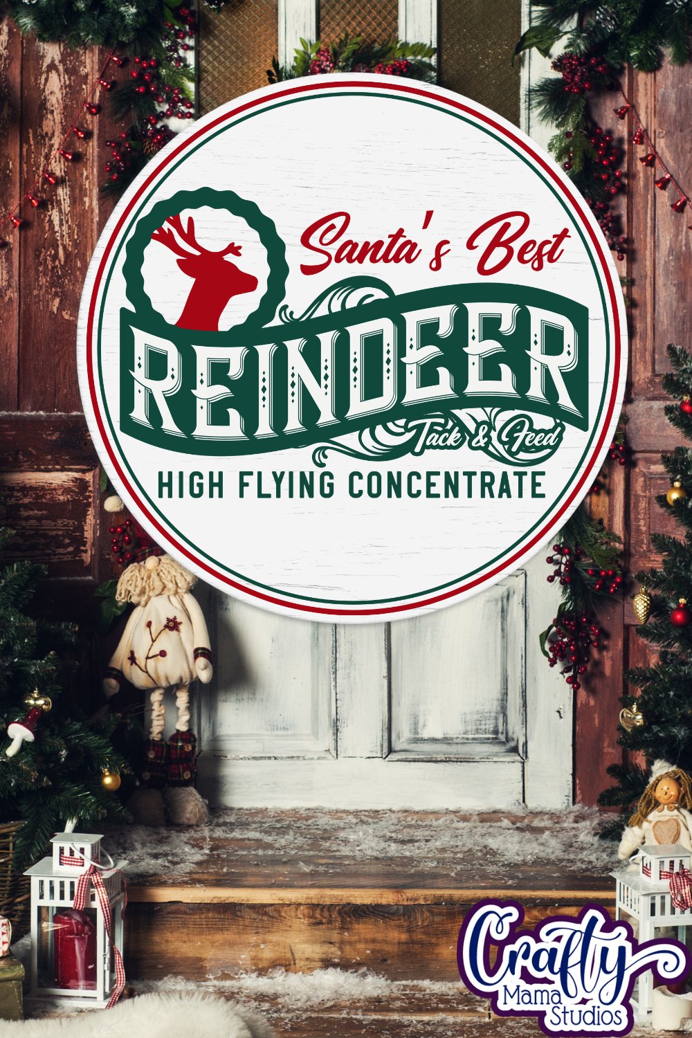 Round Vintage Christmas Svg Sign, Reindeer Tack And Feed