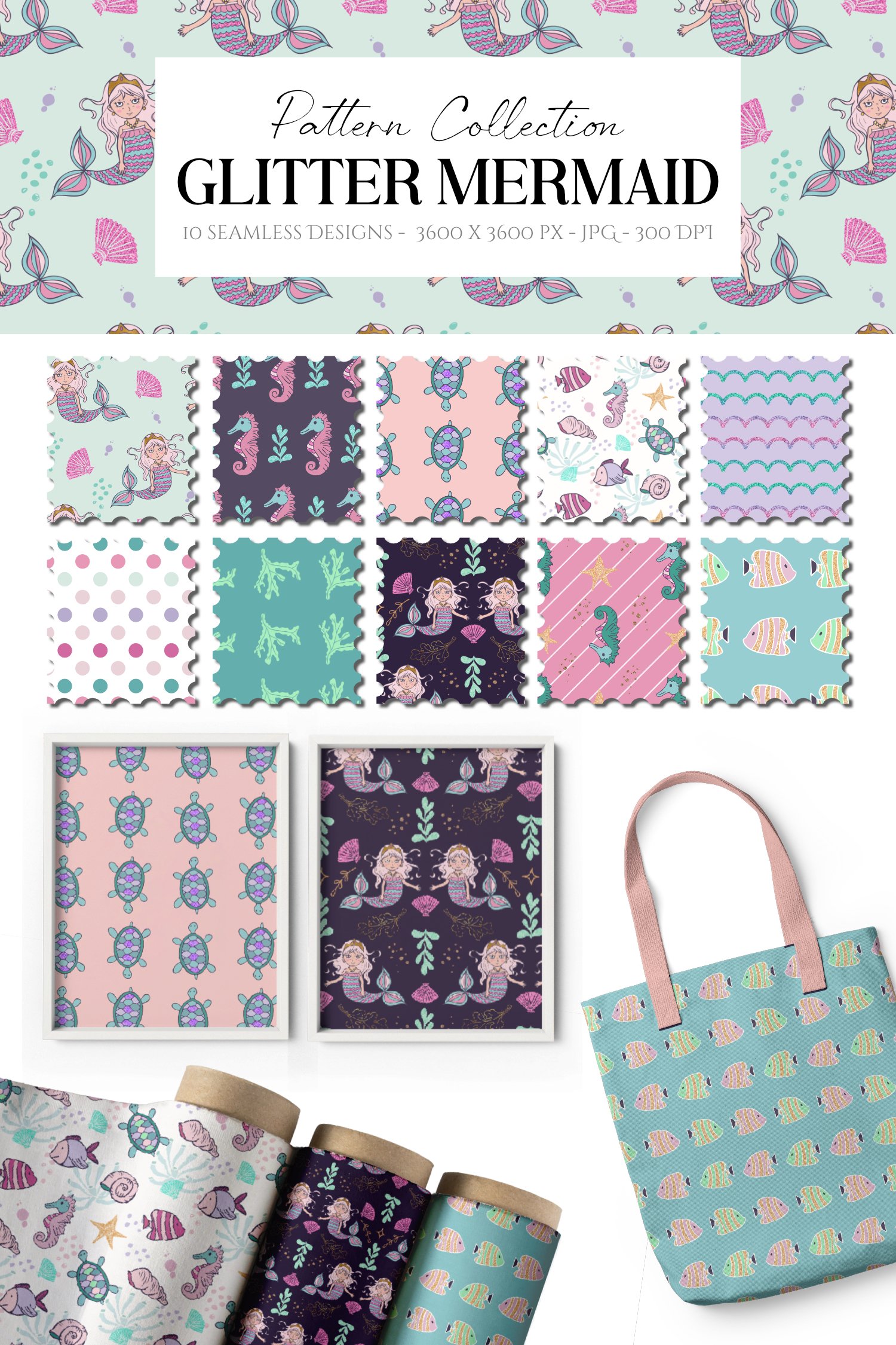 Glitter Mermaid Pattern Set - 10 seamless Patterns