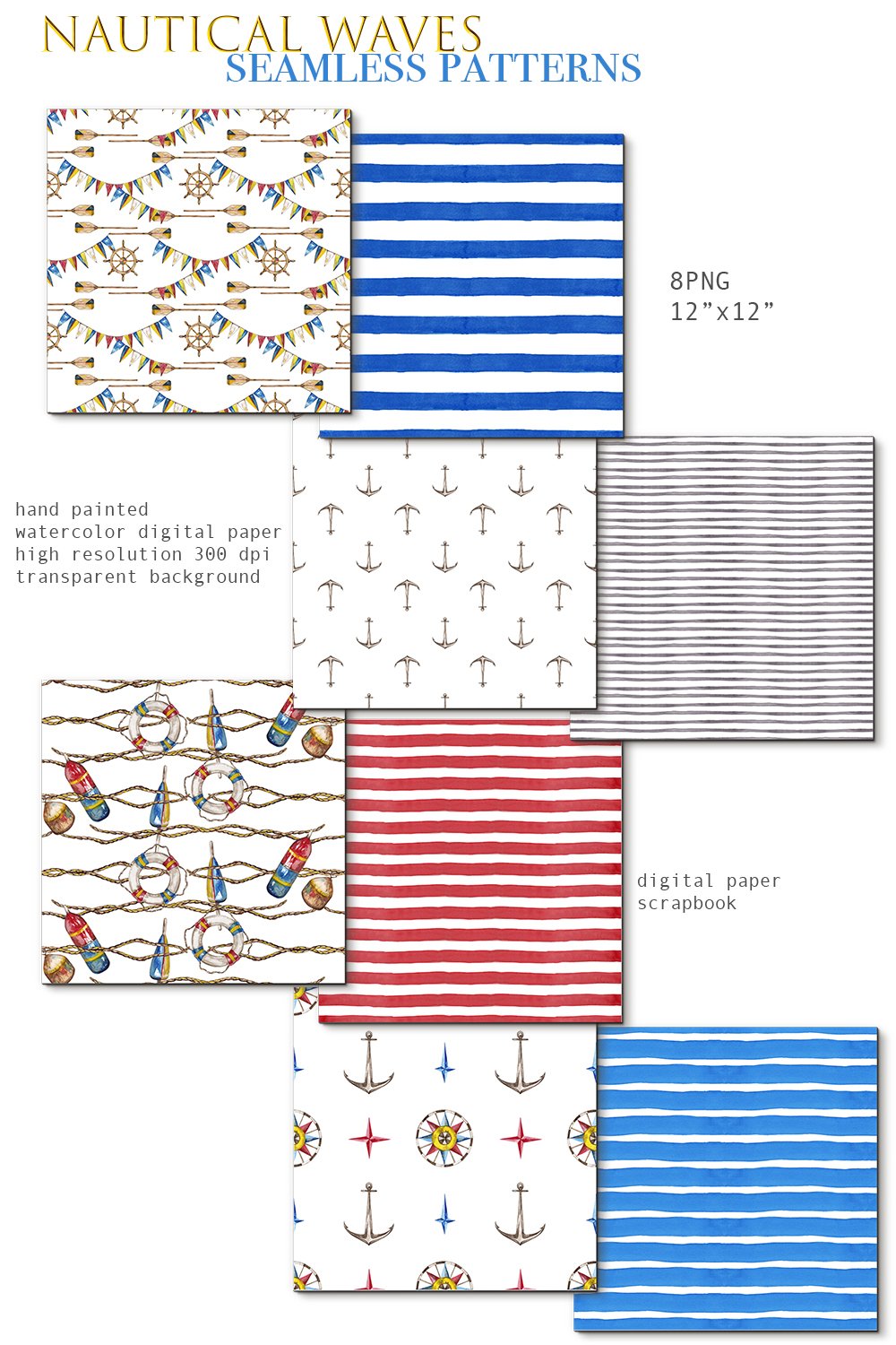 Nautical seamless patterns 8 watercolor digital papers PNG