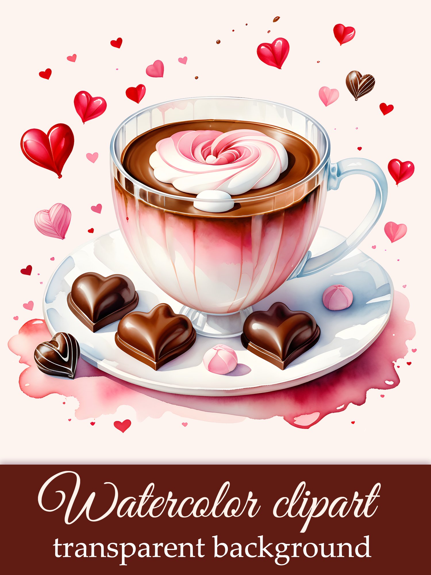 Watercolor coffee cup with hearts and chocolate, clipart Png