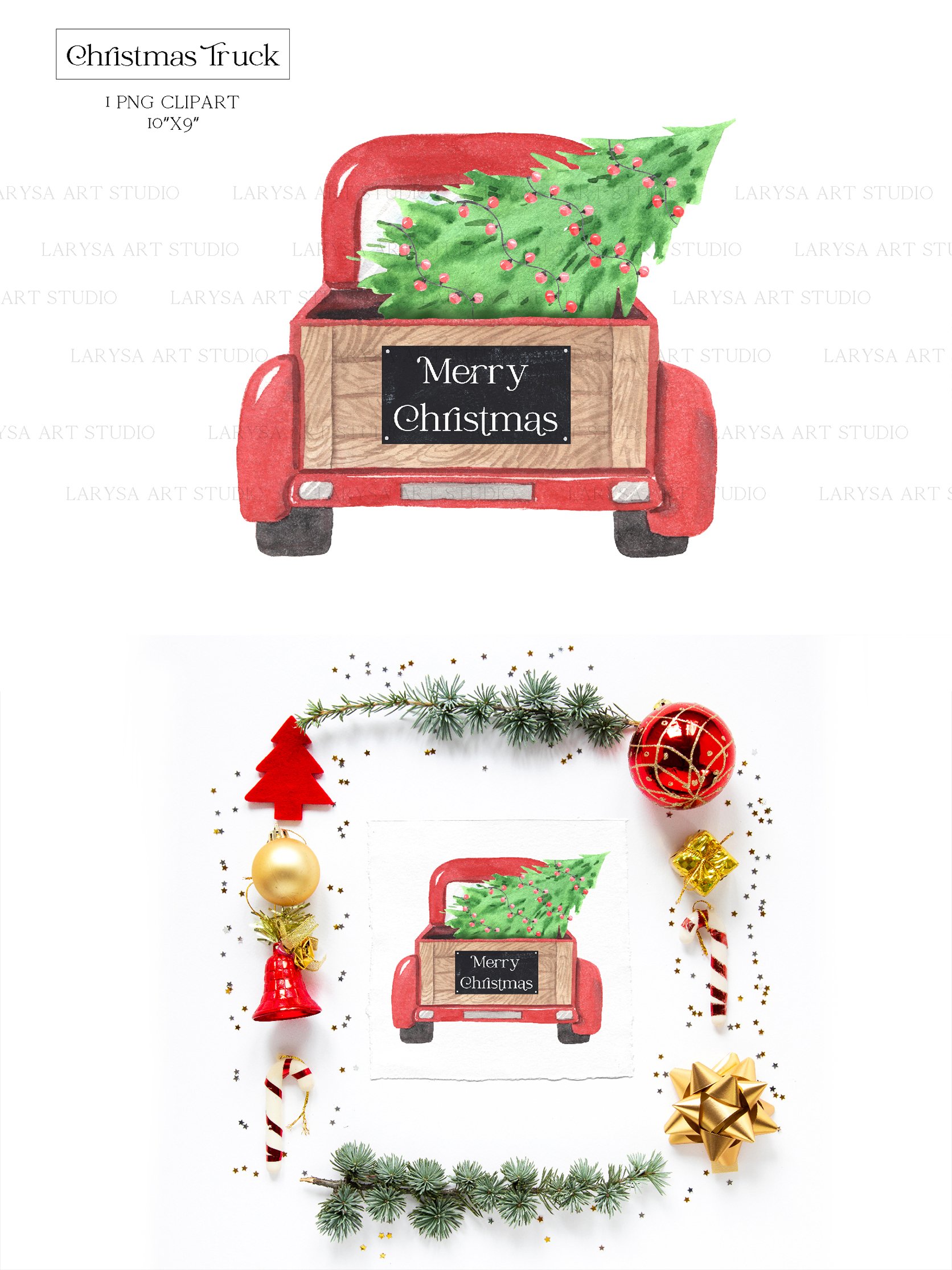 Watercolor Vintage Christmas Truck Clipart (2200289)