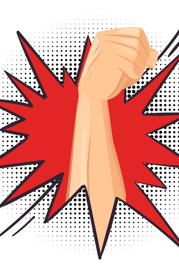 Punch. Fist breaks through obstacle, energetic human hand. S