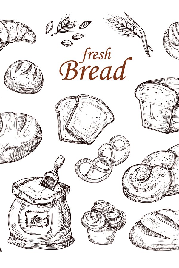 Sketch bread, hand drawn bakery products vector set isolated