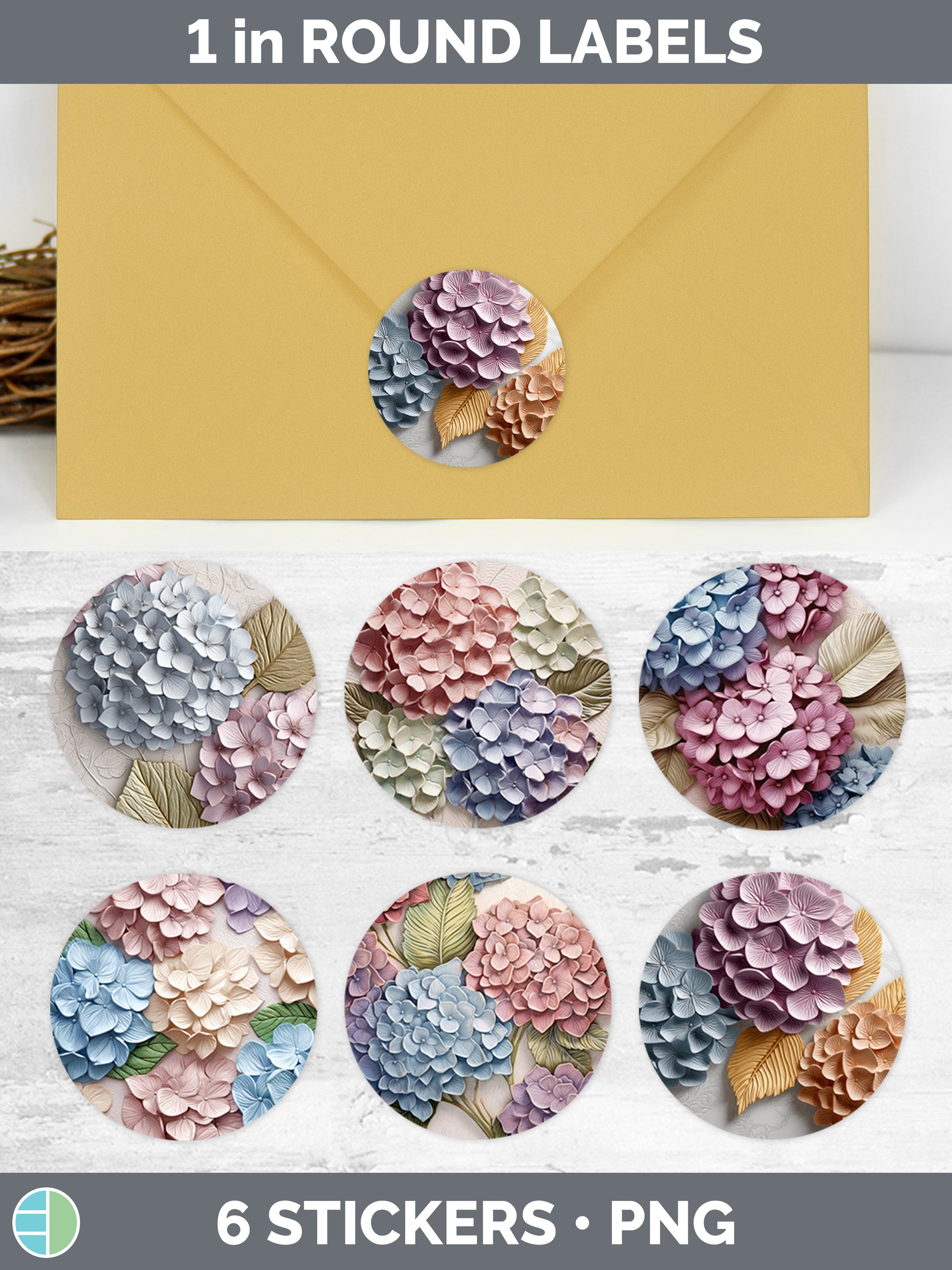 3D Hydrangea Flowers Stickers | Round Labels Designs Bundle