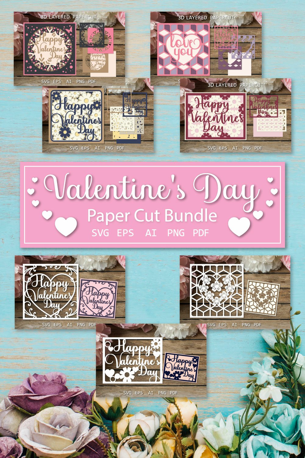 Valentine's Day paper cut cards Bundle, Valentines templates