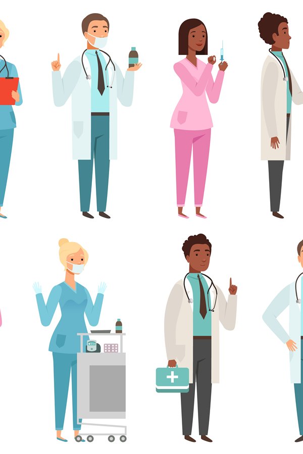 Medic characters. Hospital stuff male and female nurse docto