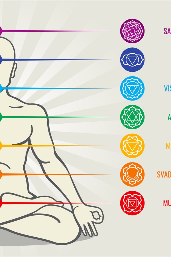 Human energy chakra system, ayurveda love asana vector illus