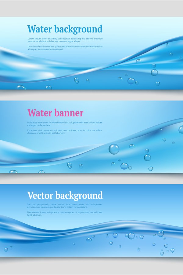 Water splashes banners. Liquid flowing waters with bubbles w