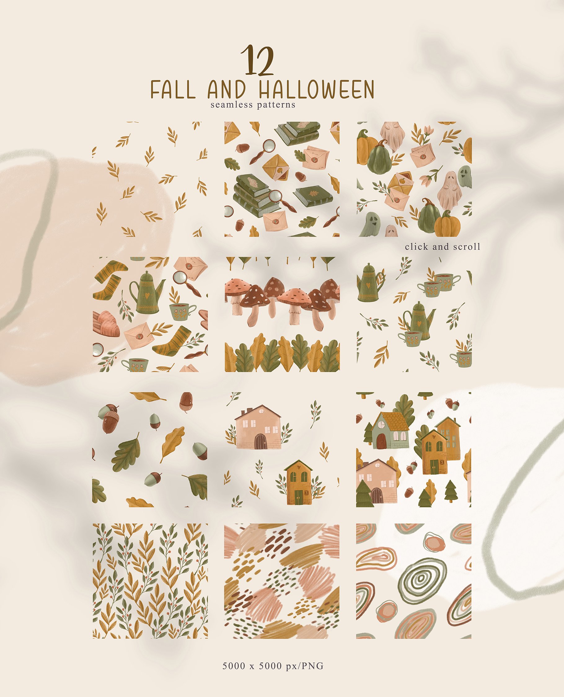Watercolor cozy fall Halloween seamless digital patterns