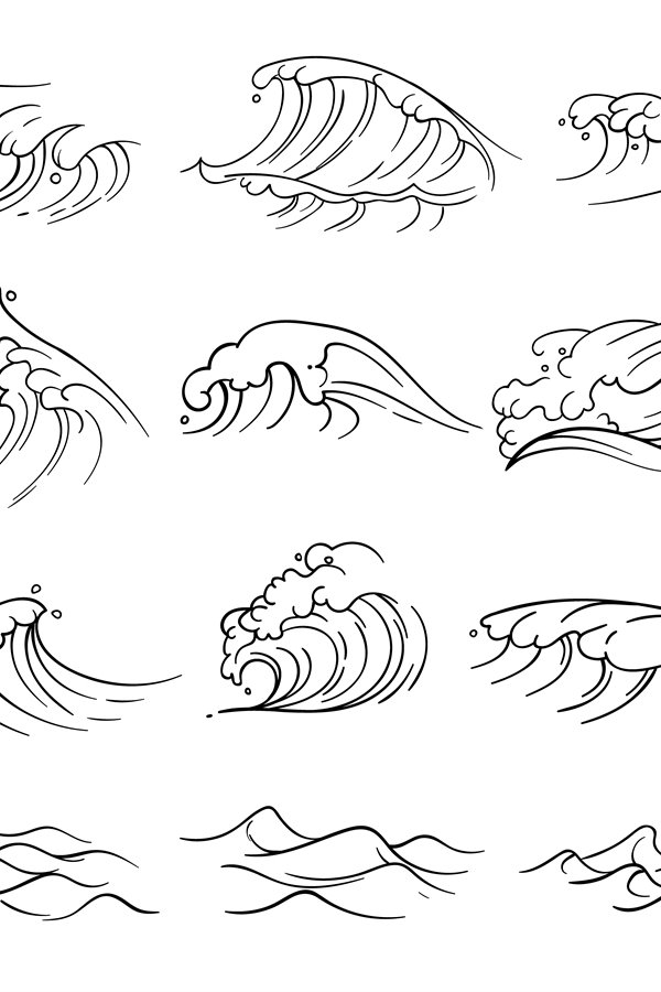 Hand drawn ocean waves vector set. Sea storm wave isolated