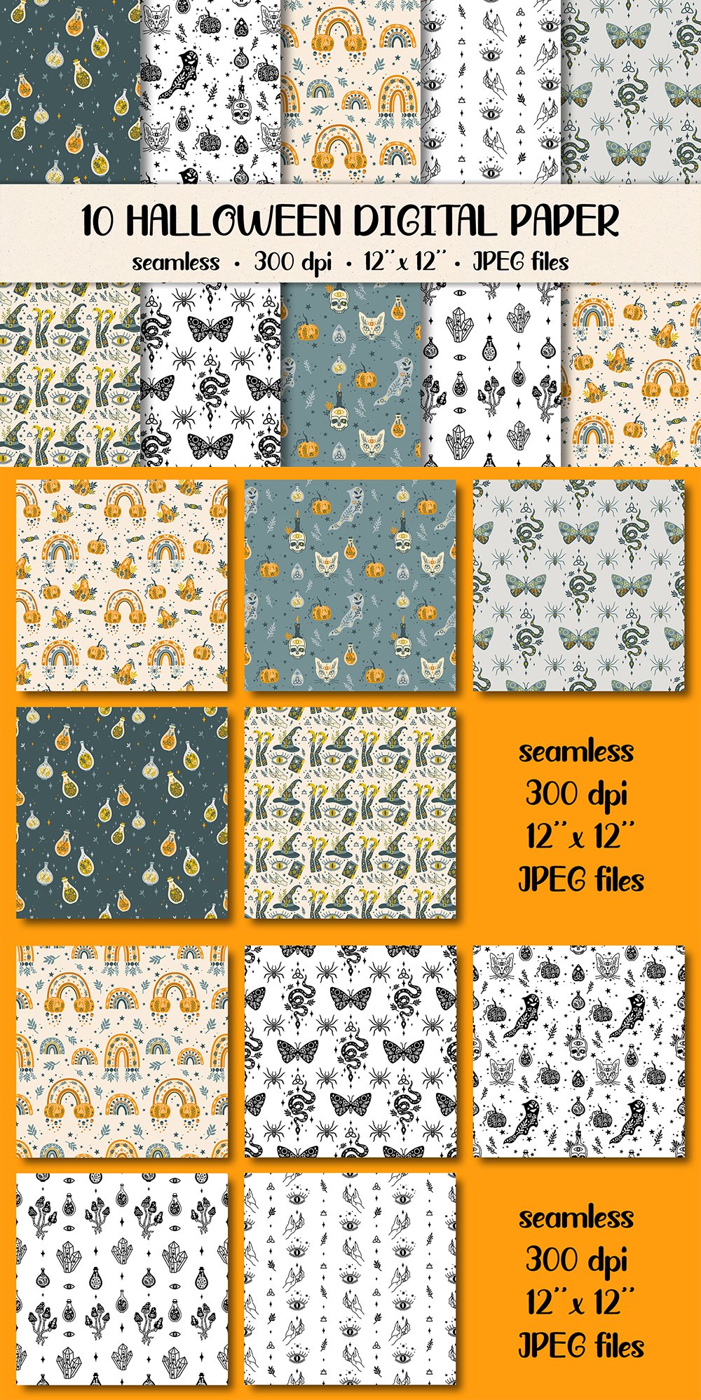 Halloween digital paper, Halloween seamless patterns