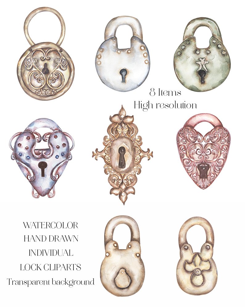 Watercolor Vintage lock clipart Bundle
