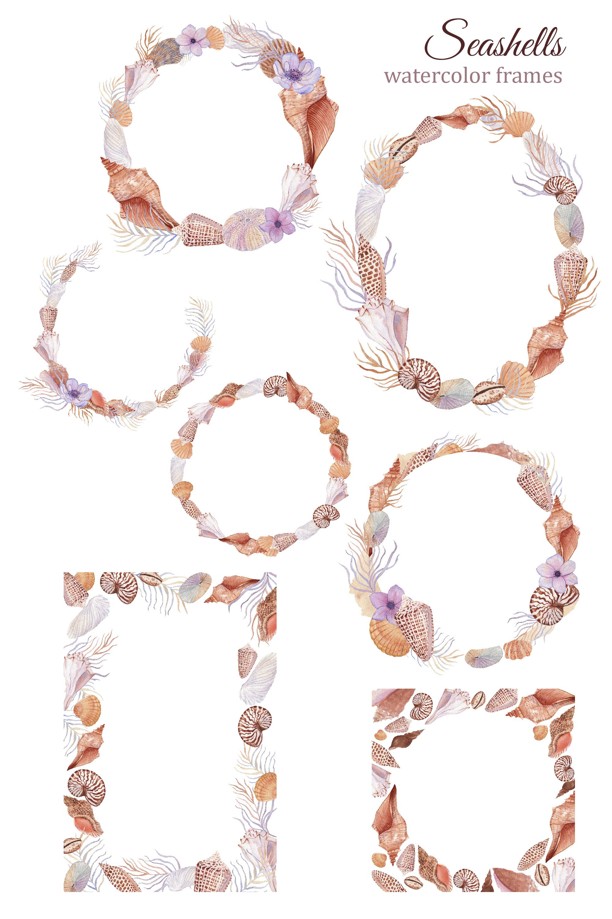 Seashell watercolor wreaths, frames, nautical clipart, beach
