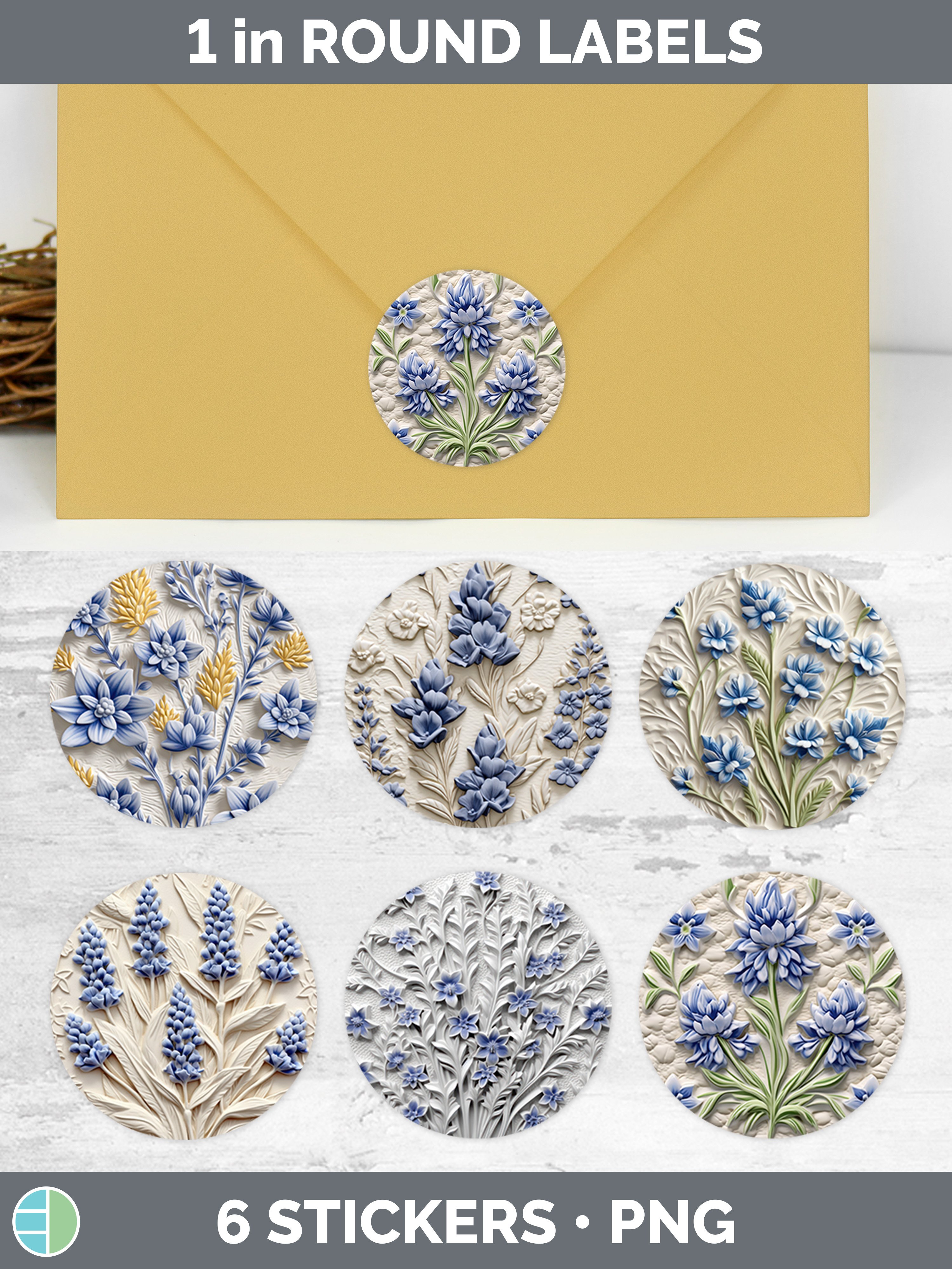 3D Bluebonnet Flowers Stickers | Round Labels Designs Bundle