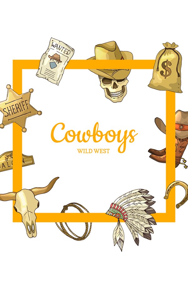 Vector hand drawn wild west cowboy elements frame