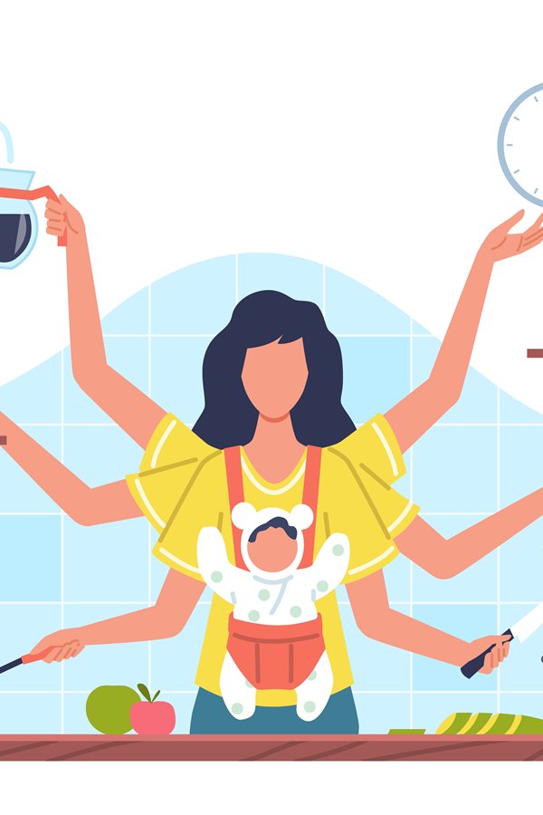 Domestic tasks woman. Multifunctional female character with