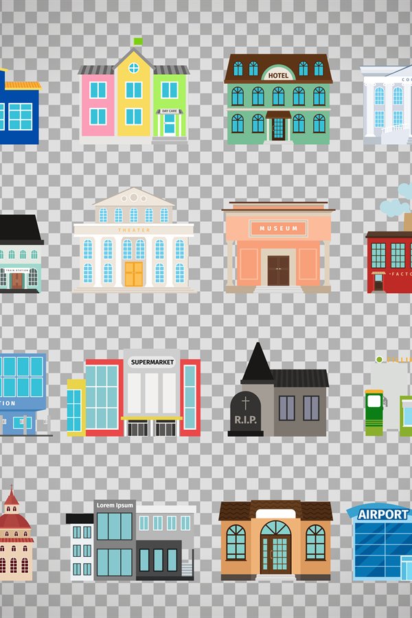 City buildings icons on transparent background